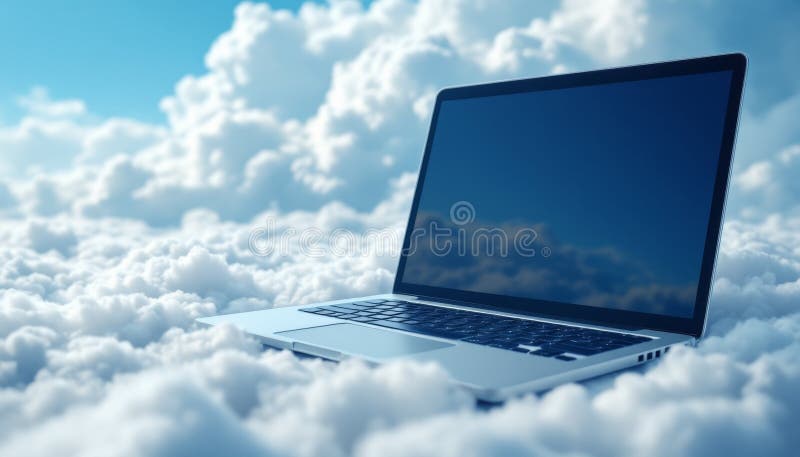 Laptop in a Cloudy Blue Sky Symbolizing Cloud Computing Stock ...