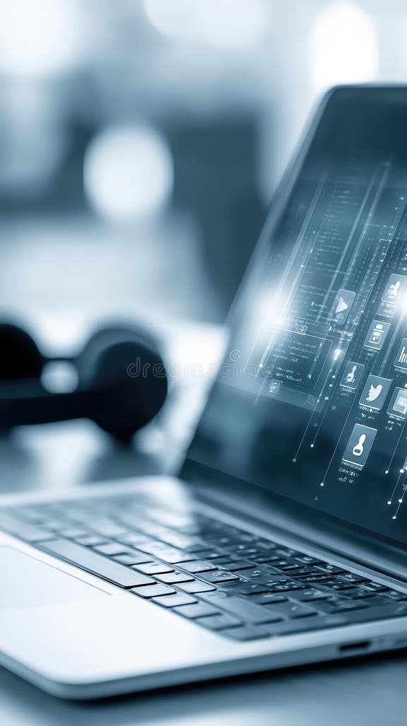 A Laptop with Code and Digital Art on a Desk, Flanked by Headphones and ...