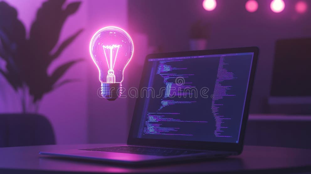 Laptop with Code and Glowing Pink Light Bulb in Dark Room, Innovation ...