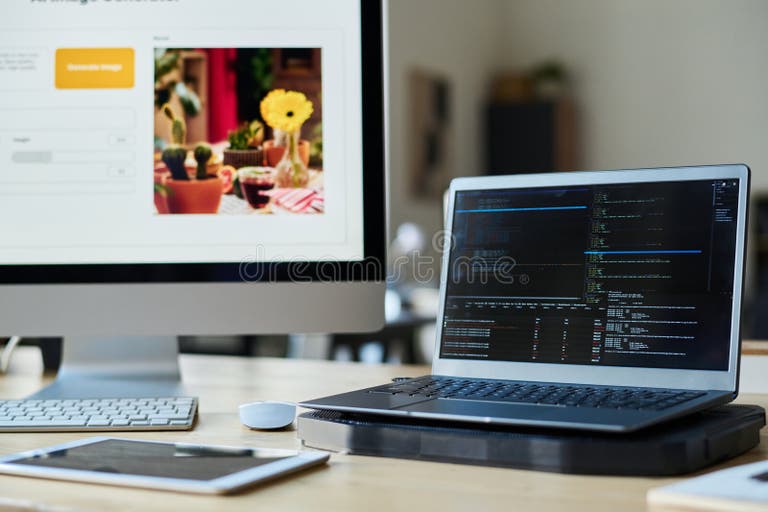 Laptop with Codes on Screen on Desk Stock Photo - Image of graphics ...