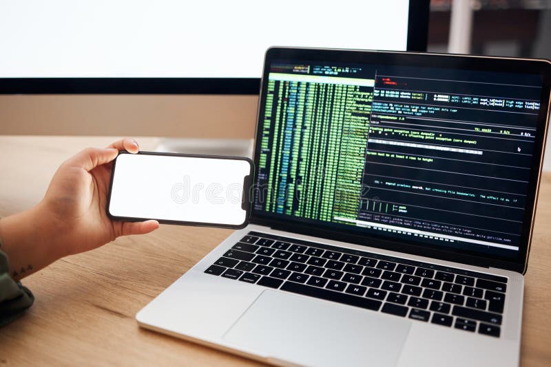 Laptop, Coding and Hands with Mockup Phone for Website Hacking, Programming or Cybersecurity ...
