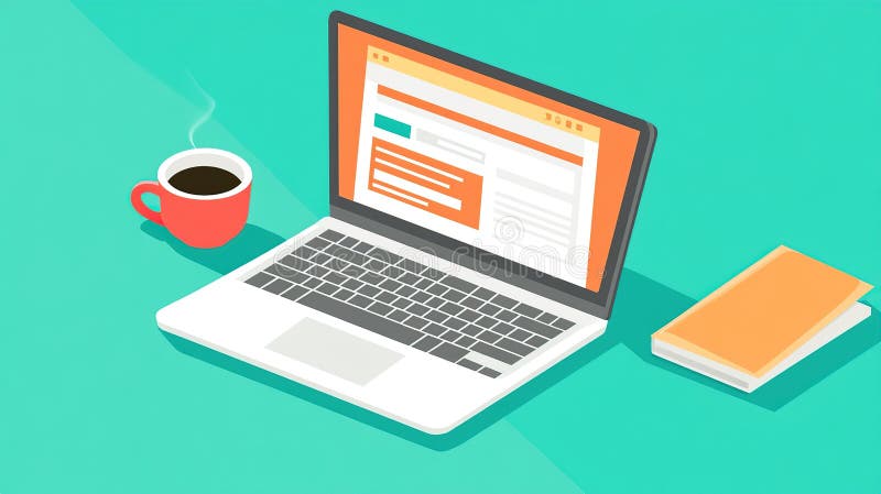 Laptop with Coffee and Book on Teal Surface Stock Illustration ...