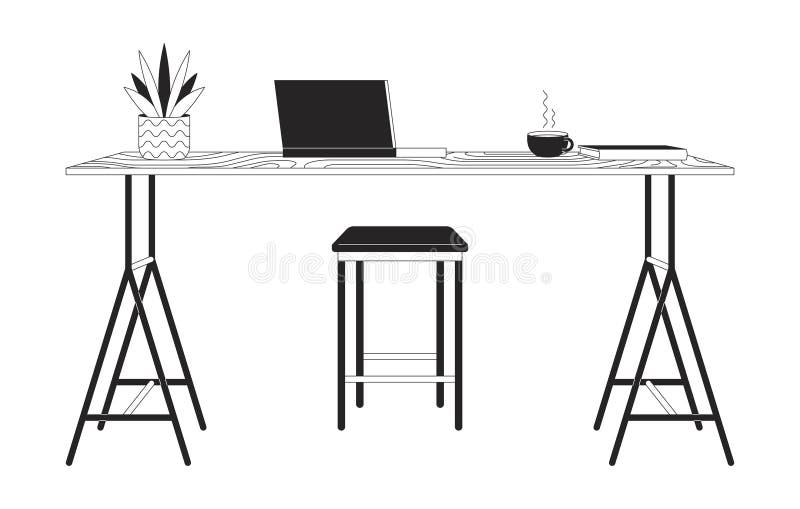 Laptop and Coffee on Counter Table 2D Linear Cartoon Objects Stock ...