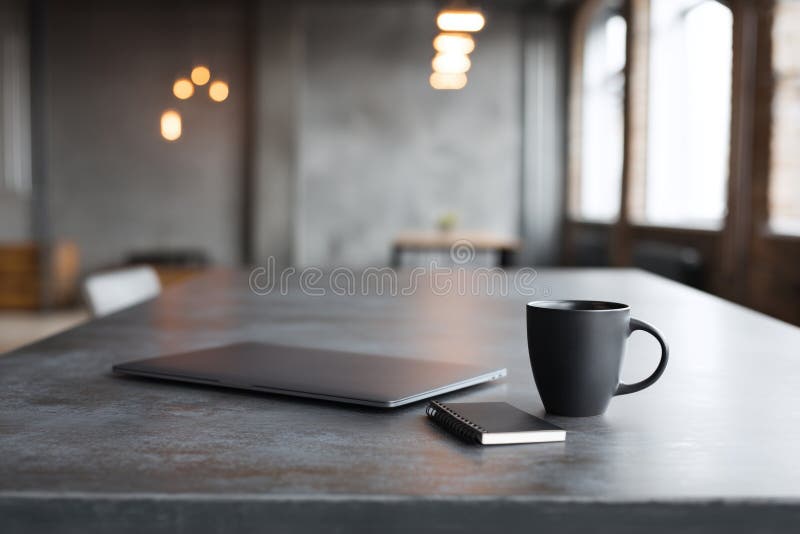 Laptop, Coffee Cup and Notepad Lying on Desk in Modern Office Stock ...