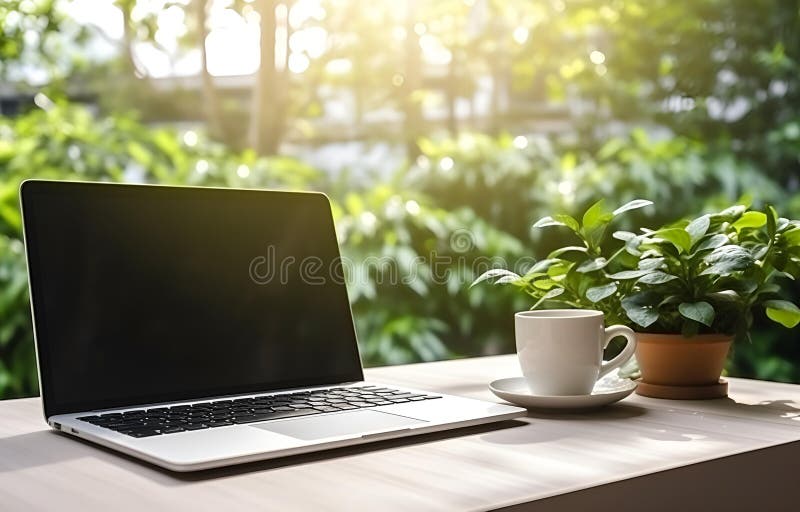Laptop, Coffee Cup and Plant on White Wooden Table, Office Work Concept ...
