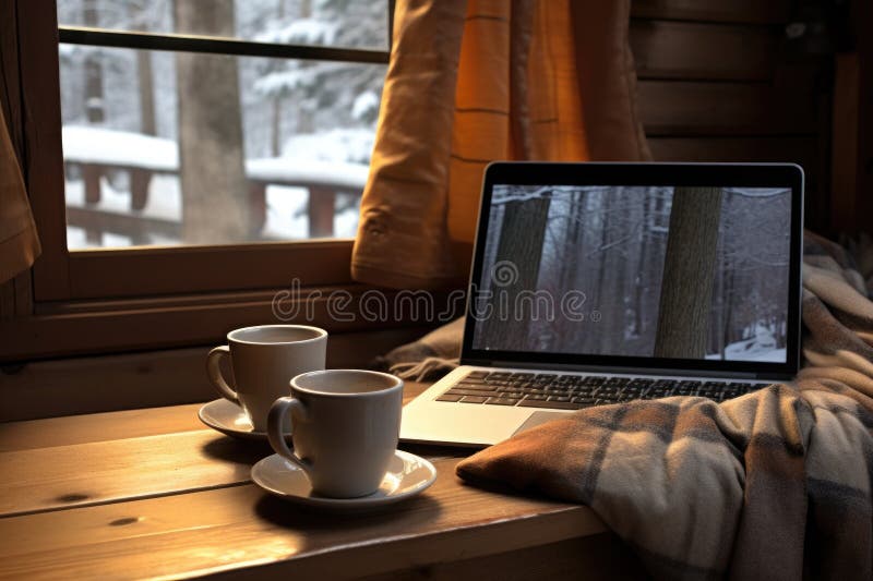 Laptop with a Coffee Cup in a Winter Cabin Stock Illustration ...