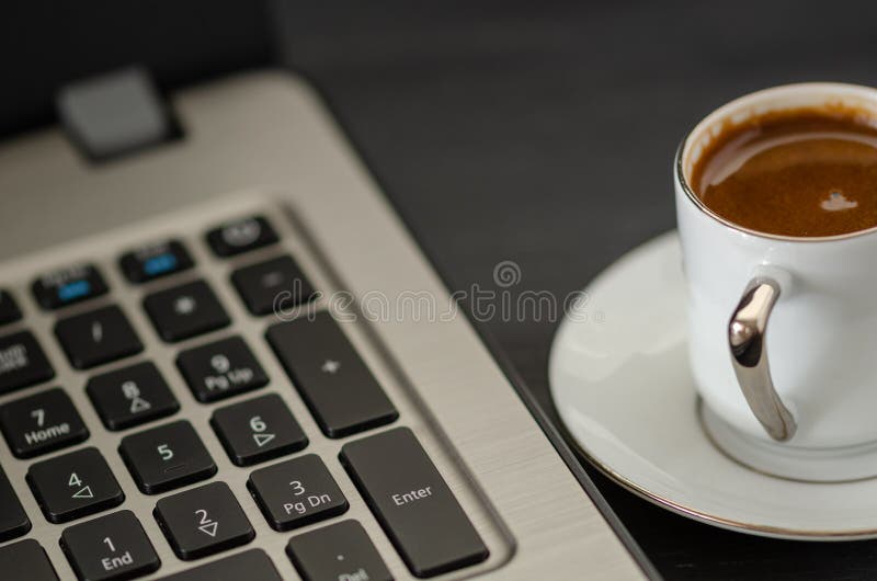 Laptop and Coffee Cup on Wood Table Stock Image - Image of office ...