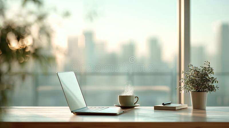 Laptop and Coffee on Minimalist Office Desk in the Morning Stock ...