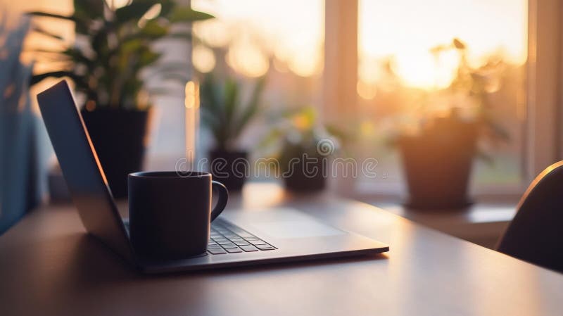 Laptop and Coffee Mug on a Table by a Window with Sunset Light Stock ...