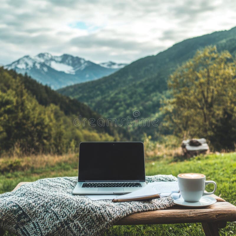 Laptop, Coffee, and Notebook on a Bench with Mountain View Stock ...