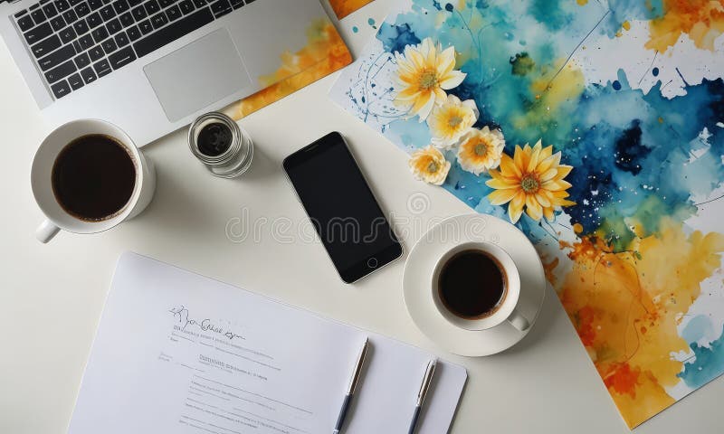 Laptop, Coffee and Notebook on Desk Stock Illustration - Illustration ...