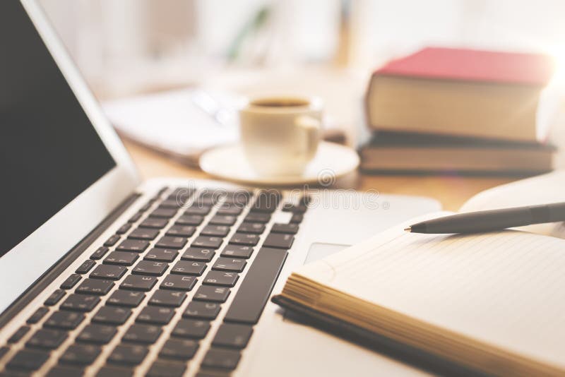 Laptop, coffee and notepad stock photo. Image of desk - 91880630