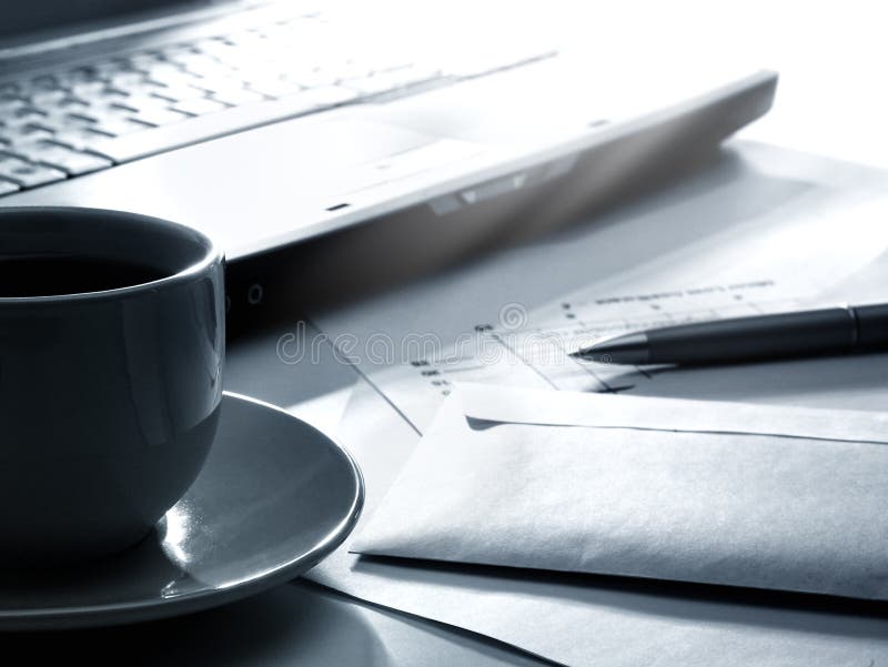 Laptop, Coffee, Papers and Pen Stock Photo - Image of office, desk ...