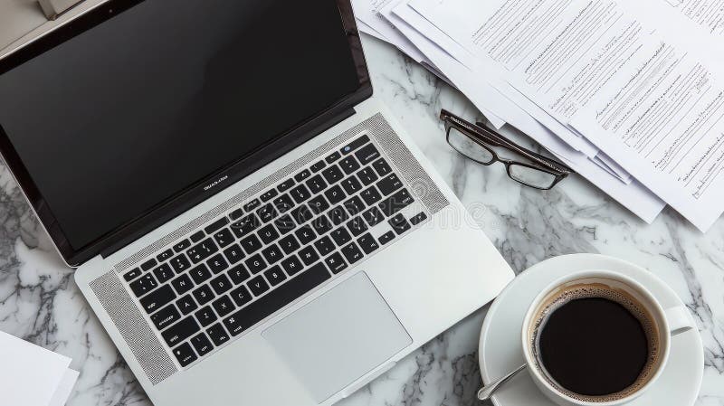 Laptop, Coffee, and Papers stock photo. Image of flatlay - 336553626