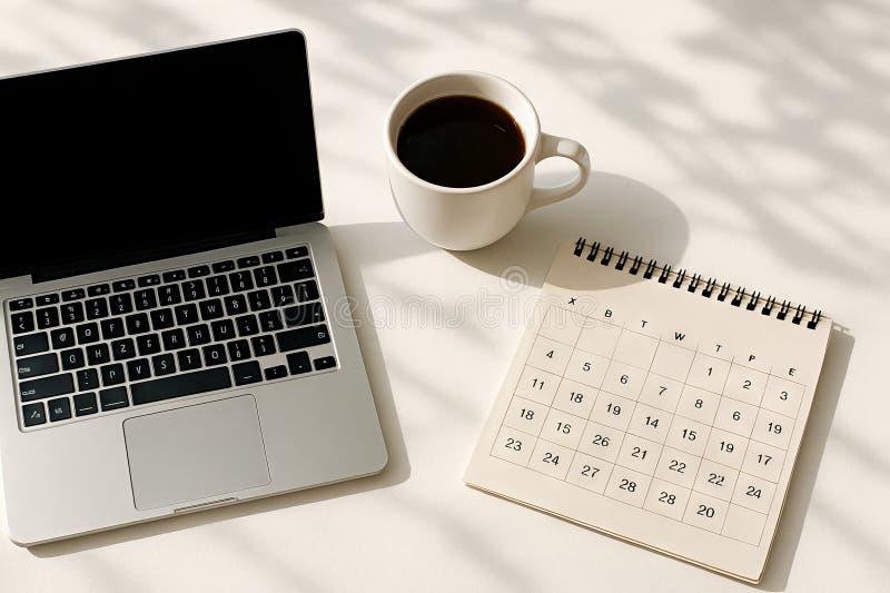 Laptop and Coffee with Simple Calendar Setting for Productive Workday ...