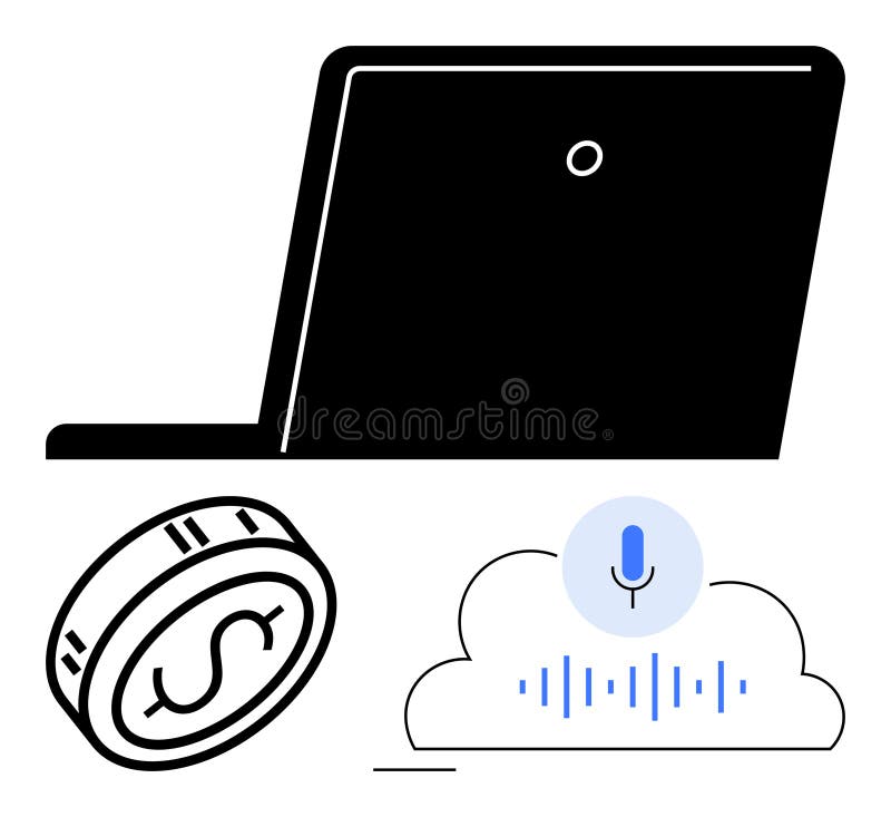 Laptop, Coin with Dollar Symbol, and Cloud with Voice Command Element Representing Digital ...