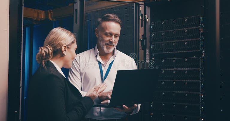 Laptop, Collaboration and People with in Server Room for Technical ...