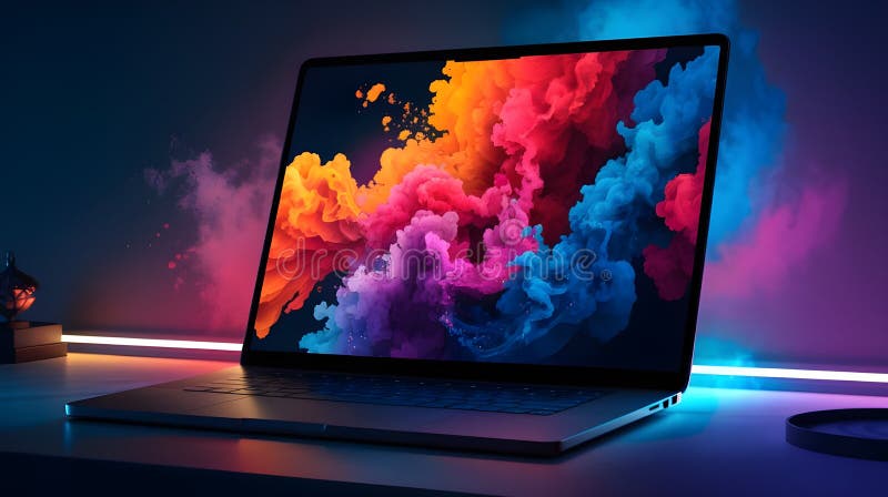 Laptop with Colorful Abstract Background and Neon Lights Stock ...