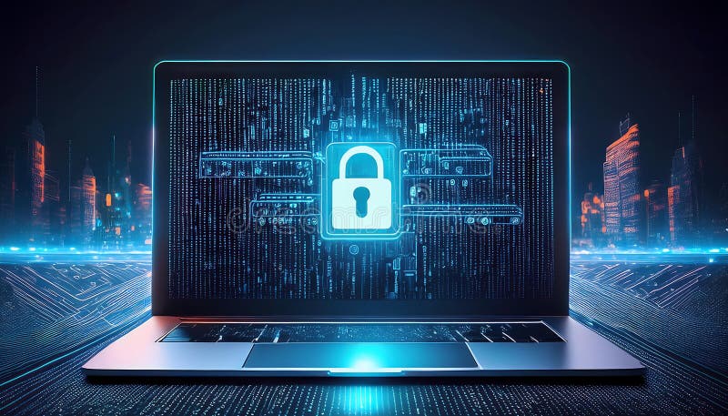 Laptop with Colorful Holographic Interface, Binary Code Matrix, Cyber ...