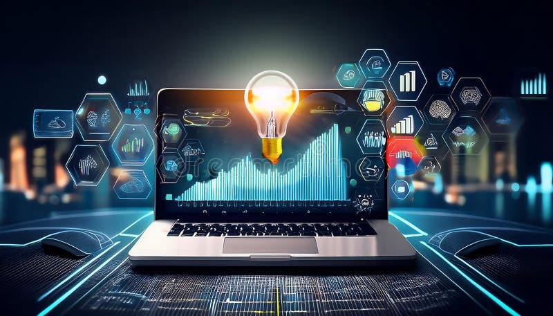 Laptop with Colorful Icons of a Graph, Light Bulb, and Electronics ...