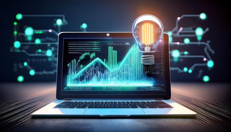 Laptop with Colorful Icons of a Graph, Light Bulb, and Electronics ...