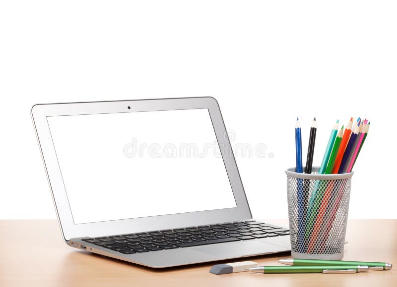 Laptop, Colorful Pencils and Eraser Stock Photo - Image of border ...