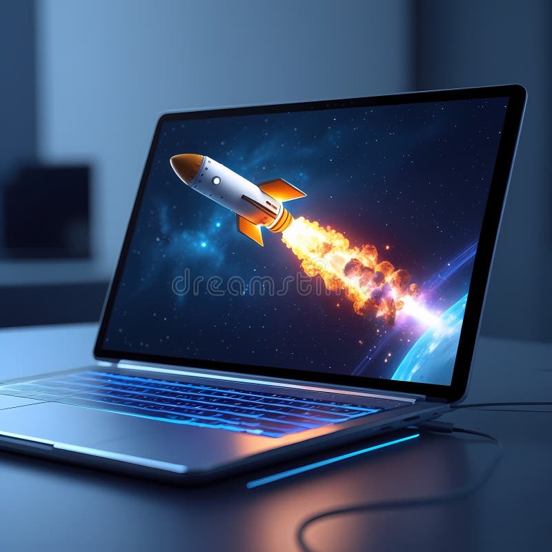 Creative Workspace with Laptop Displaying Rocket Launch in Neon Light ...
