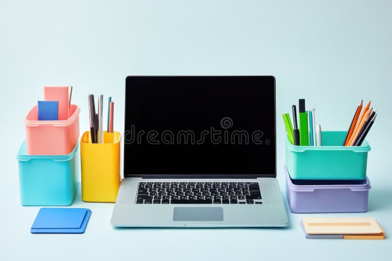 Laptop with Colorful Storage Containers and Writing Utensils Stock ...