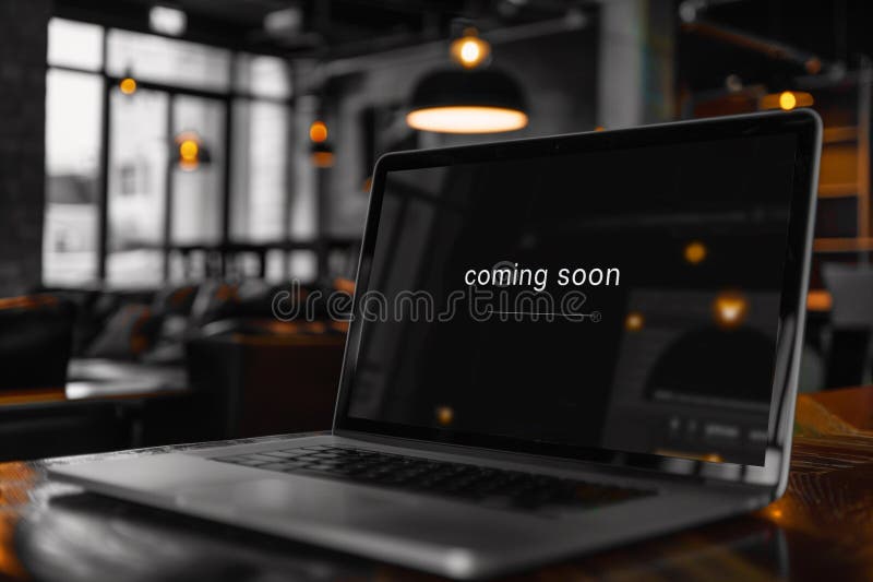 Laptop with Coming Soon Message on Computer Screen in Modern Cafe Stock ...