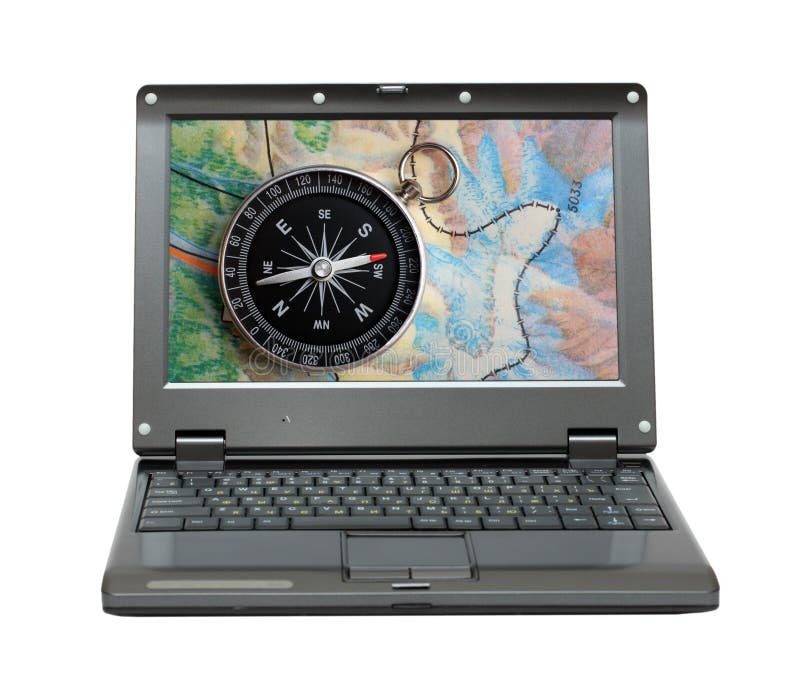 Laptop with Compass and Map Stock Photo - Image of open, aiming: 15210598
