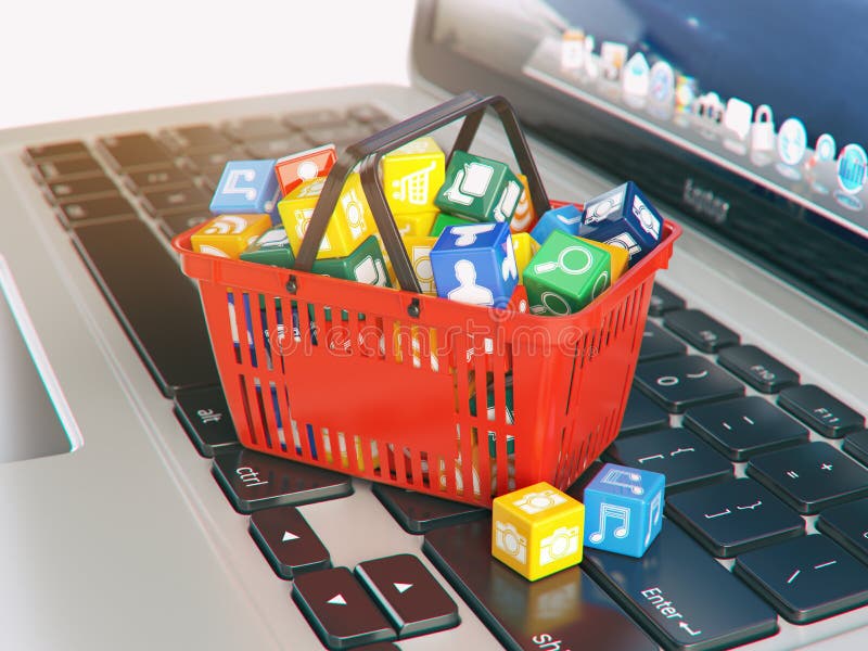Store of Laptop Software. Apps Icons in Shopping Cart Stock ...
