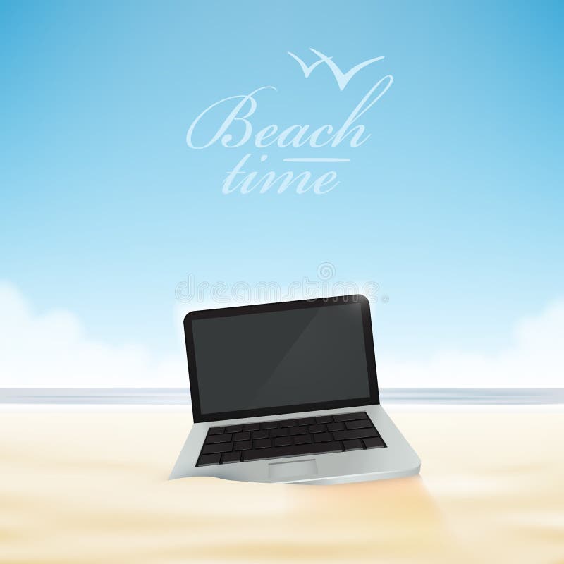 Laptop Computer in the Beach Sand. Stock Vector - Illustration of ...