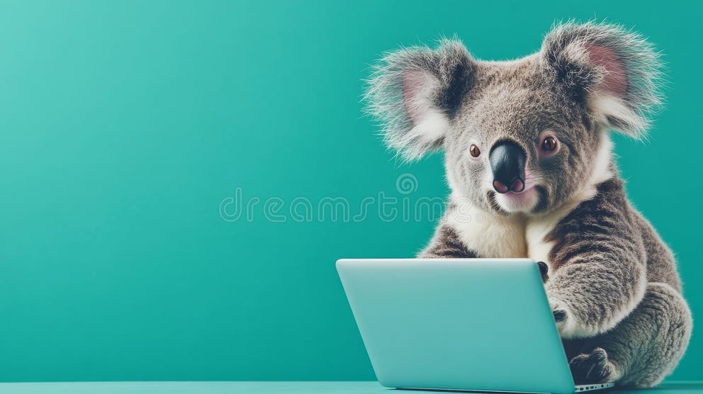 A Laptop Computer is Being Used by a Koala Bear at a Desk Stock Photo ...
