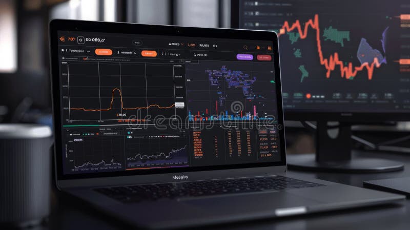 Laptop Computer on Black Desk Stock Photo - Image of telecommuting ...