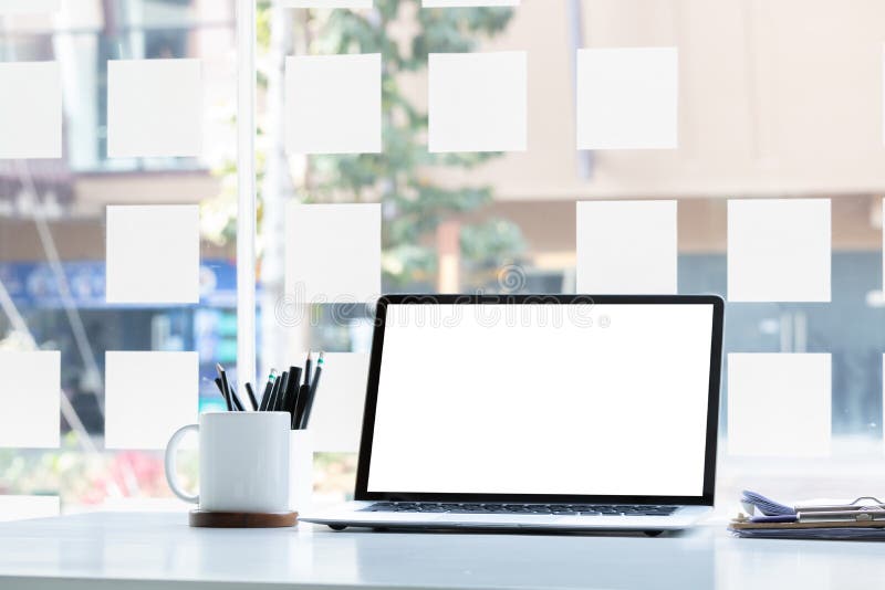 Laptop Computer with Blank on Desk Stock Photo - Image of financial ...