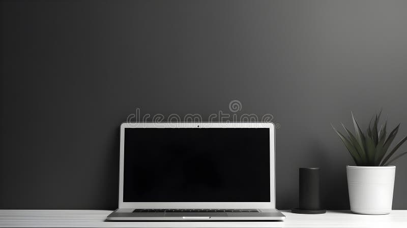 Laptop Computer with Blank Screen in Dark Modern Office Stock ...
