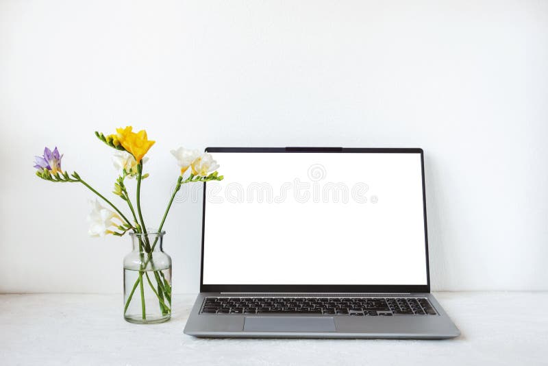 Laptop Computer with Blank Screen and Freesia Flowers in Vase. Office ...