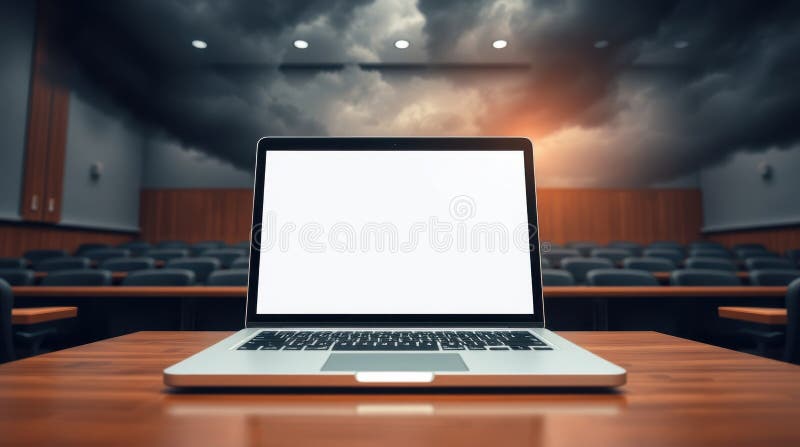 Laptop with Blank Screen in an Empty Lecture Hall. Perfect for ...