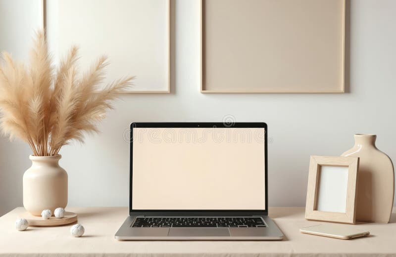 Laptop Computer Blank Screen on Table with Boho Decorations. Pampas ...
