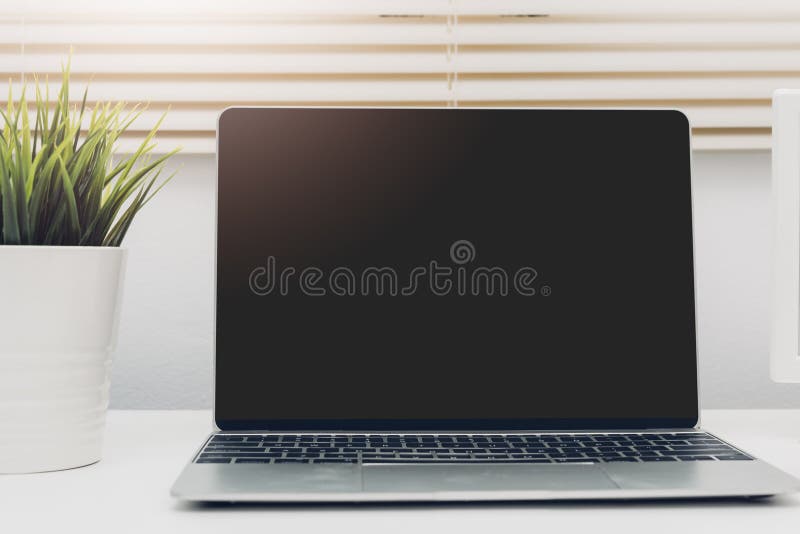 Laptop Computer Blank Screen on White Desk Stock Image - Image of empty ...