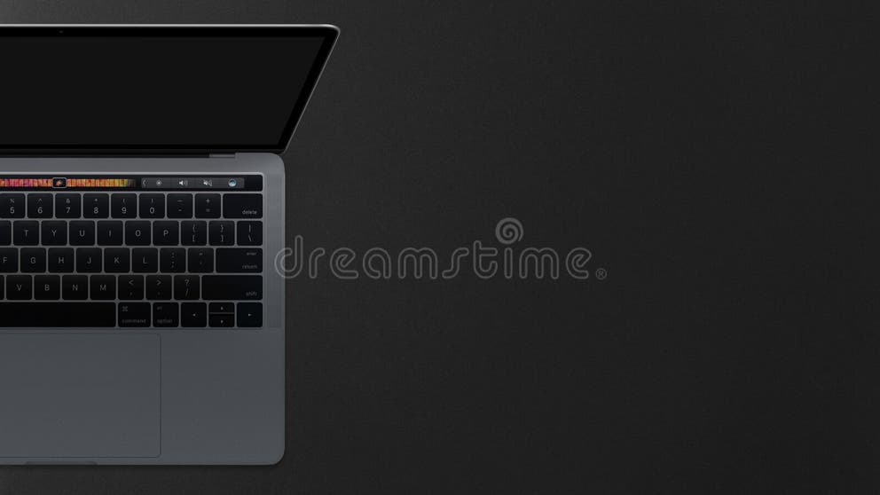 Laptop Computer Blank Screen Work Table Dark Background Stock Photo ...