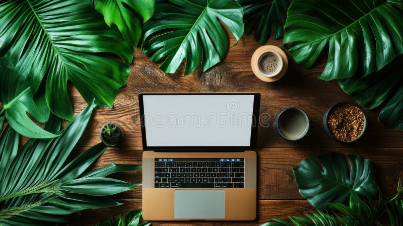 Laptop Computer with Blank White Screen Surrounded by Tropical Leaves ...