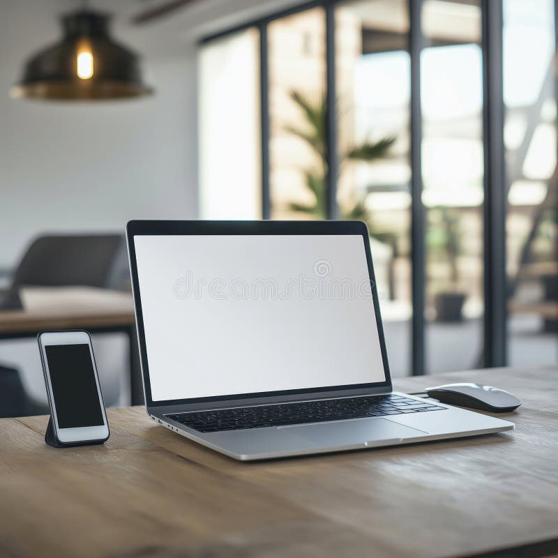 Laptop Computer with a Blank White Screen on a Wooden Table. Stock ...