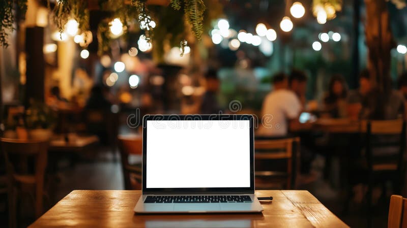 Laptop Computer with a Blank White Screen on a Wooden Table in a Modern ...
