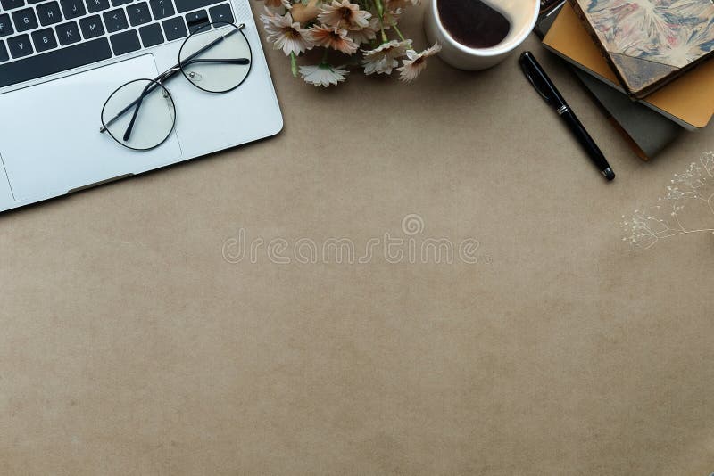 Laptop Computer, Books and Coffee Cup on Wooden Table. Top View Stock ...