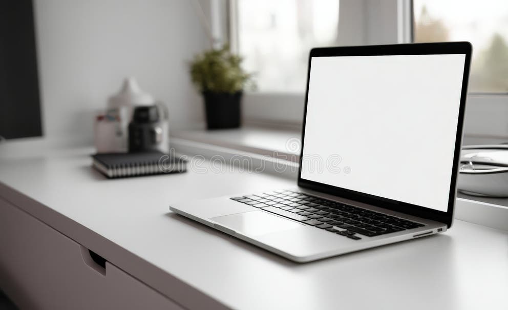 A Laptop Computer with a Bright White Screen is Sitting on a Desk Stock ...