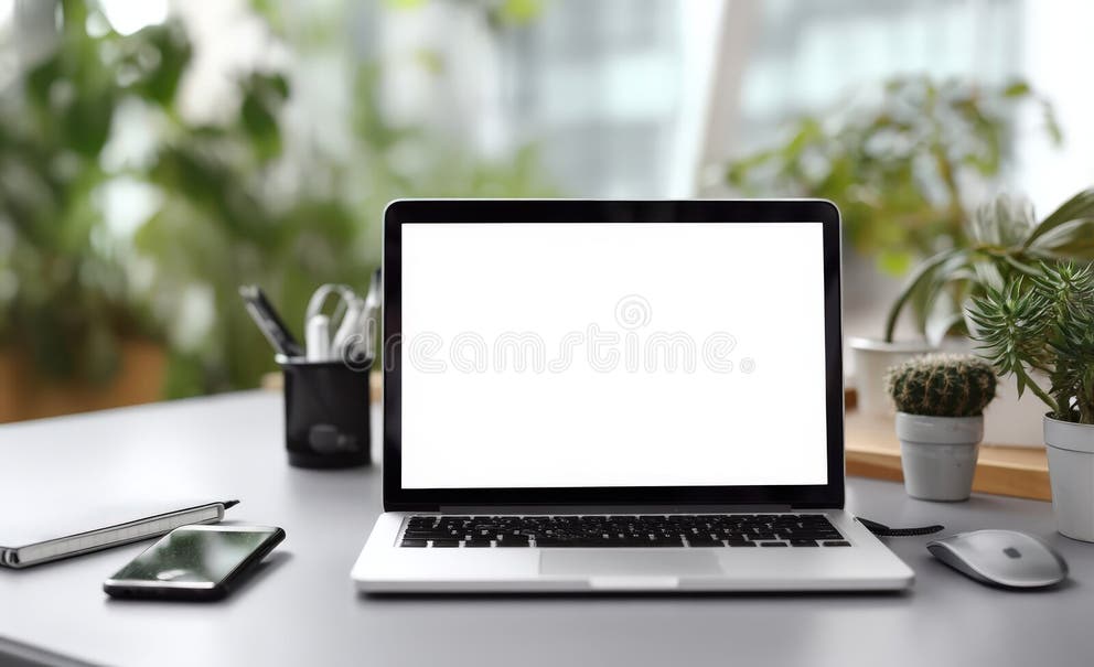 A Laptop Computer with a Bright White Screen is Sitting on a Desk Stock ...