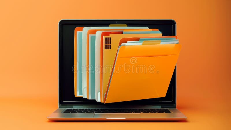 A Laptop Computer with a Bunch of Folders Coming Out of it Stock ...
