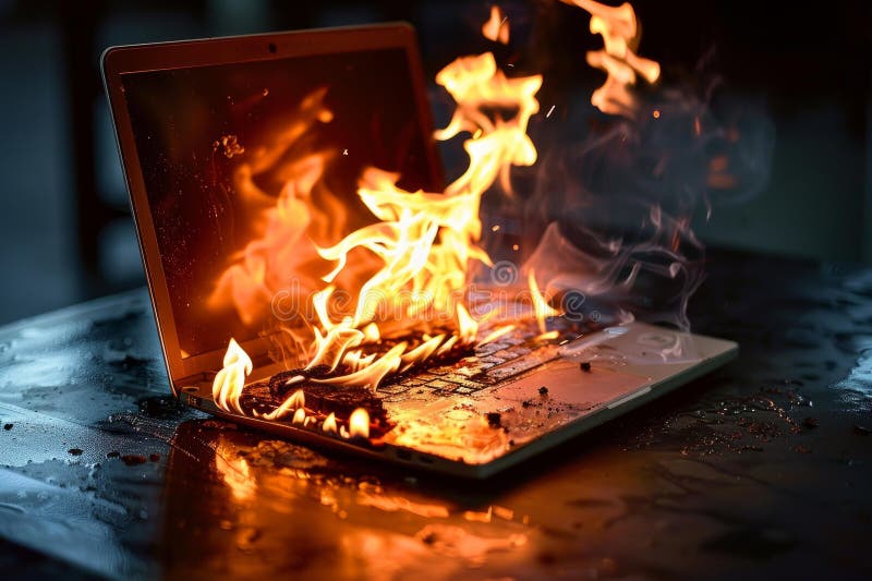 Laptop Computer Burning in Flames on Desk Stock Image - Image of ...