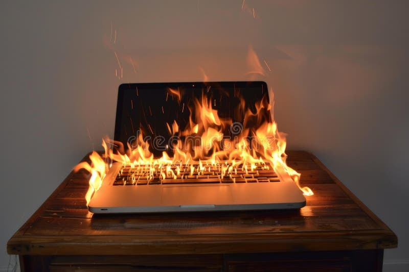Laptop Computer Burning with Flames on Desk Stock Photo - Image of wood ...